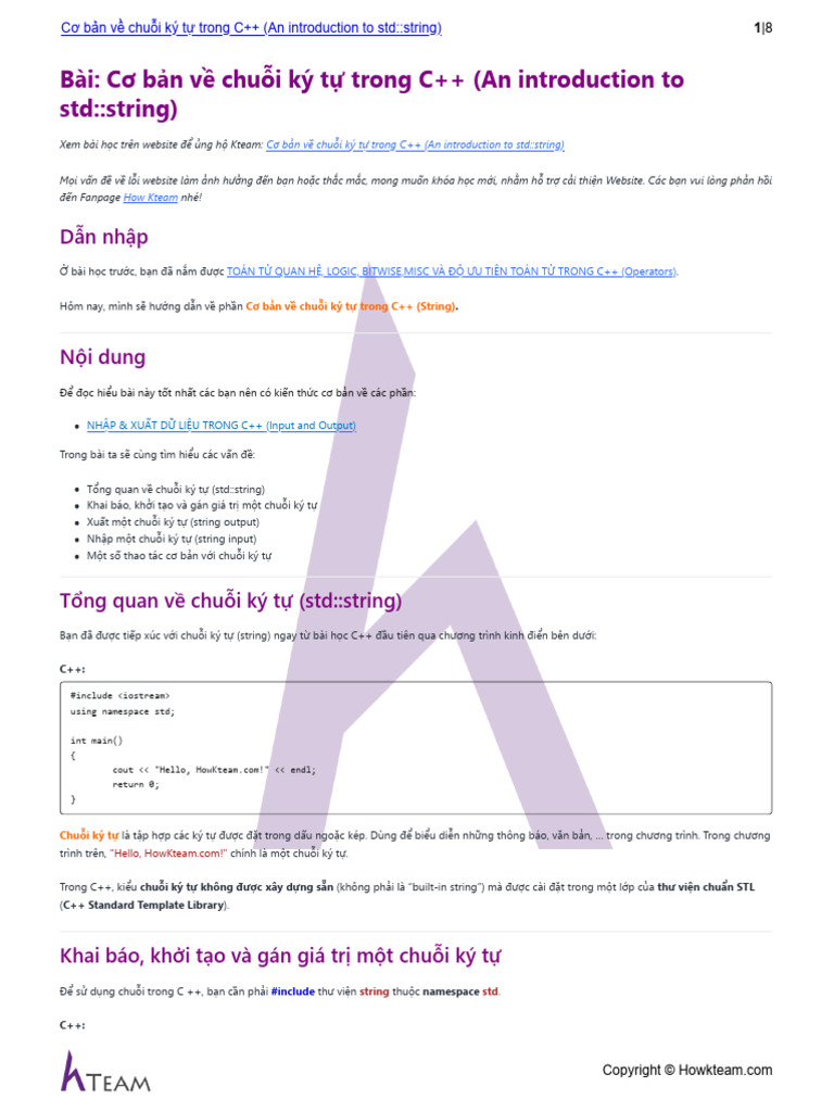 HOWKTEAM.vn - Cơ Bản Về Chuỗi Ký Tự Trong C++ (an Introduction to Std - - string) | PDF