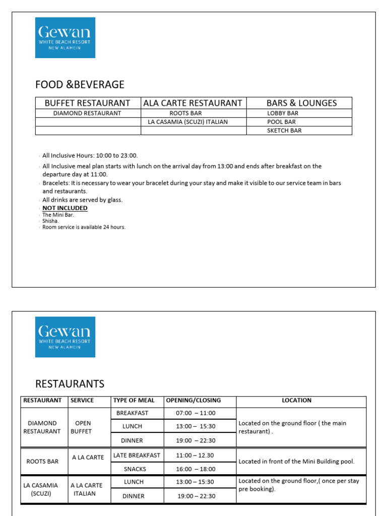 Gewan Resort Dining Options Guide | PDF | Drink | Restaurants