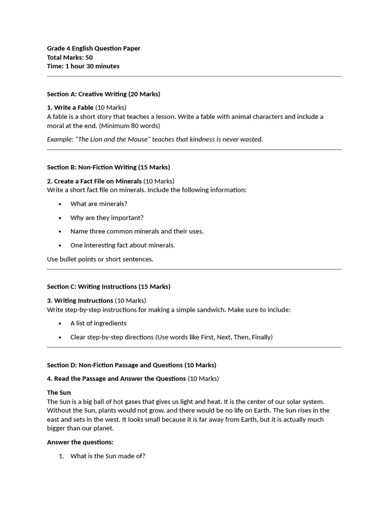 Grade 4 English Question Paper | PDF | Butterfly | Sun