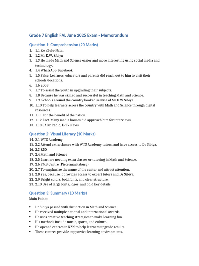 Grade 7 English FAL June 2025 Memo | PDF | Noun | Subject (Grammar)