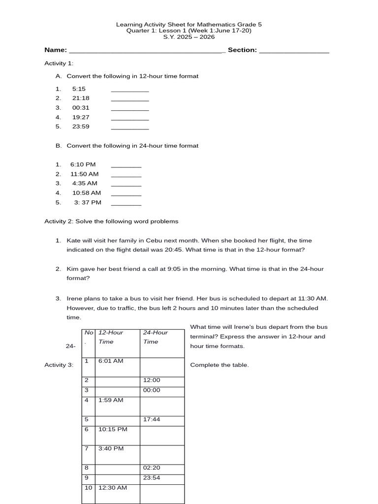 Learning Activity Sheet For Mathematics Grade 5 WEEK 1 ASYNCHRONOUS | PDF
