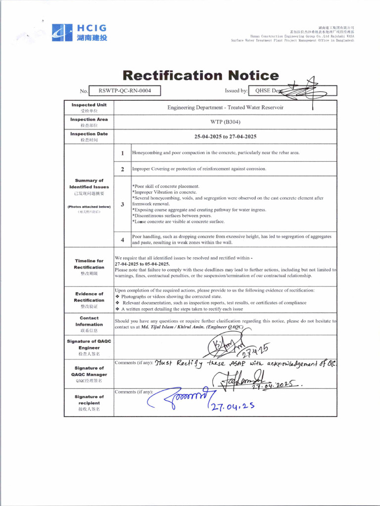 RSWTP-QC-RN-0004 Rectification Notice—Concrete Repair Required at B304 ...