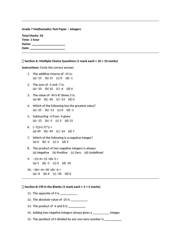Grade 7 Maths Test Paper Integers | PDF | Integer | Numbers
