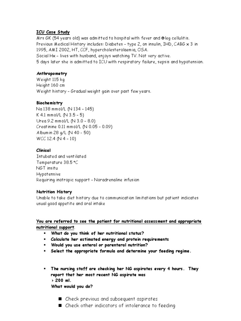 ICU Case Study Nutrition | PDF | Nutrition | Diet & Nutrition