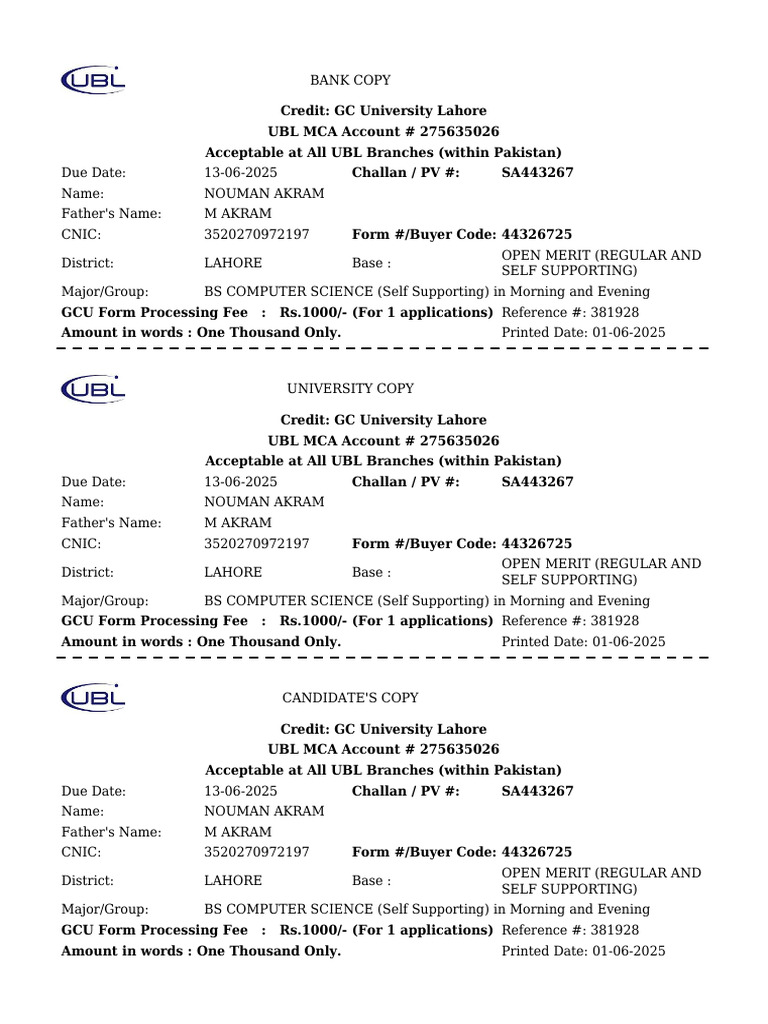 GCU Lahore BS Computer Science Fee Challan | PDF | Accountability ...
