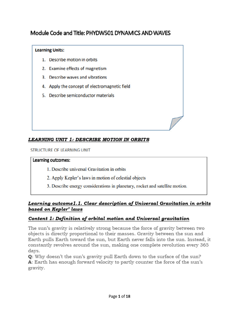 PHYSICS NOTE L5 (Learning Outcome 1) | PDF | Orbit | Planets