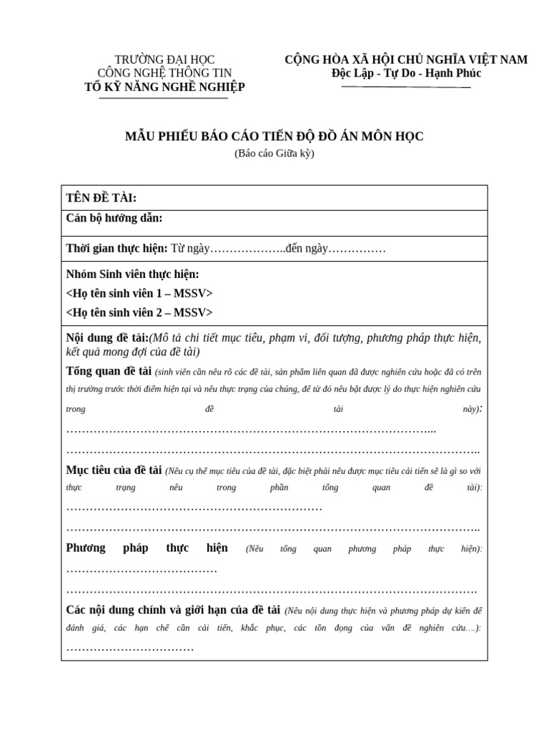 1 Mau Bao Cao Tien Do Giua Ky Do An SS004 | PDF