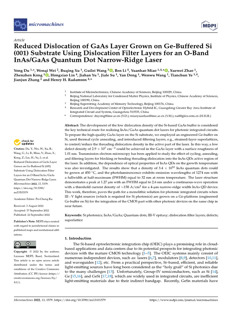 Reduced Dislocation of GaAs Layer Grown On Ge-Buff | PDF | Gallium ...