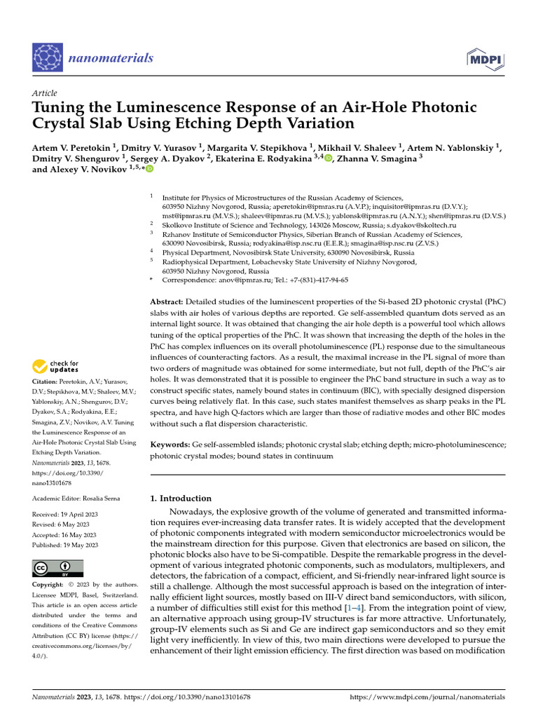 Tuning The Luminescence Response of An Air-Hole PH | PDF | Applied And Interdisciplinary Physics ...