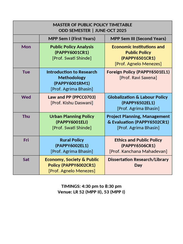 MPP Time Table Odd Semester, June-Oct 2025 - Revised | PDF