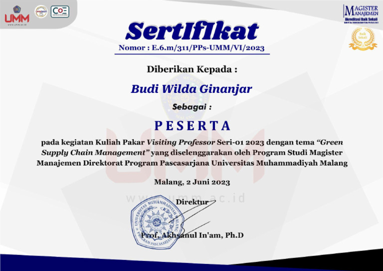 E-Certificate VP 01 2023 MM UMM - Budi Wilda Ginanjar | PDF