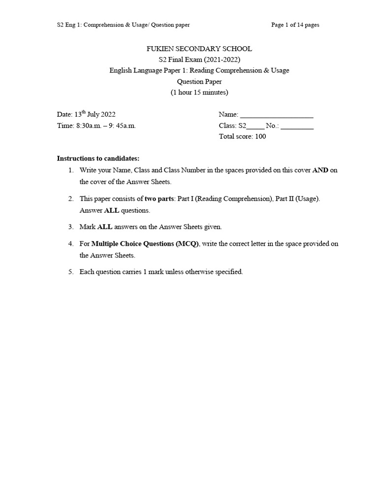 S2 English Comprehension Exam Paper | PDF | Unidentified Flying Object ...