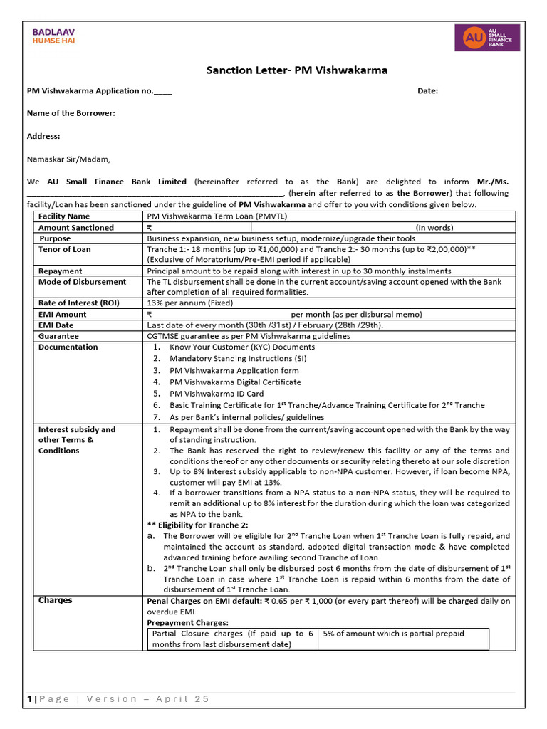 PM Vishwakarma Loan Sanction Letter | PDF | Loans | Interest