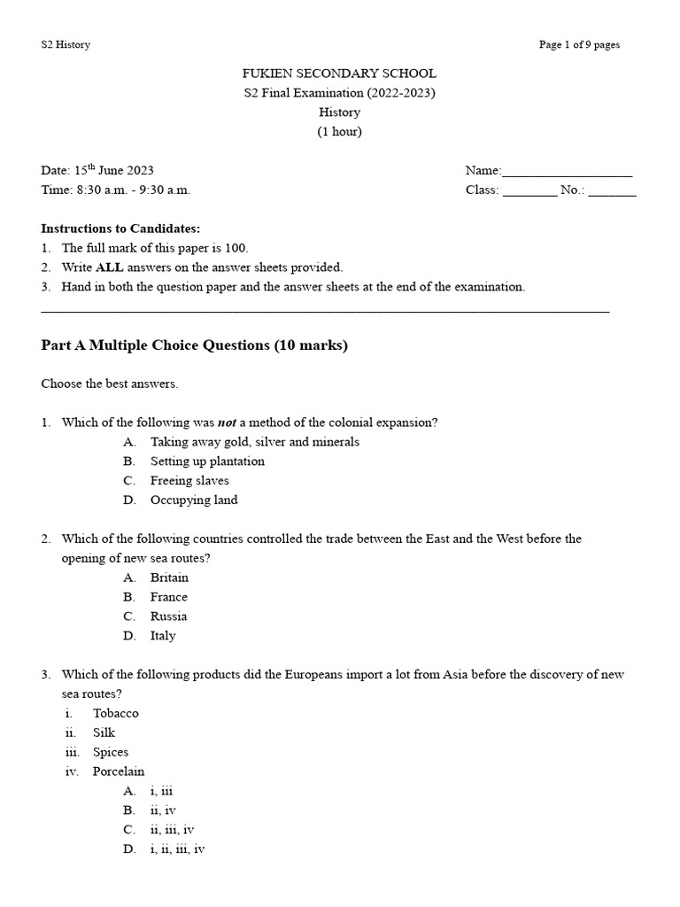 S2 History - Final Examination (2022-2023) - Question Paper 5. | PDF ...