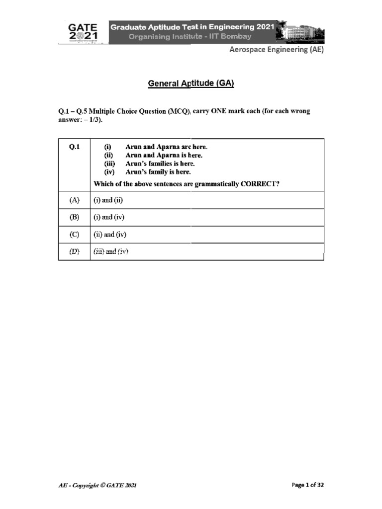 Gate 2021 Ae Question Paper | PDF