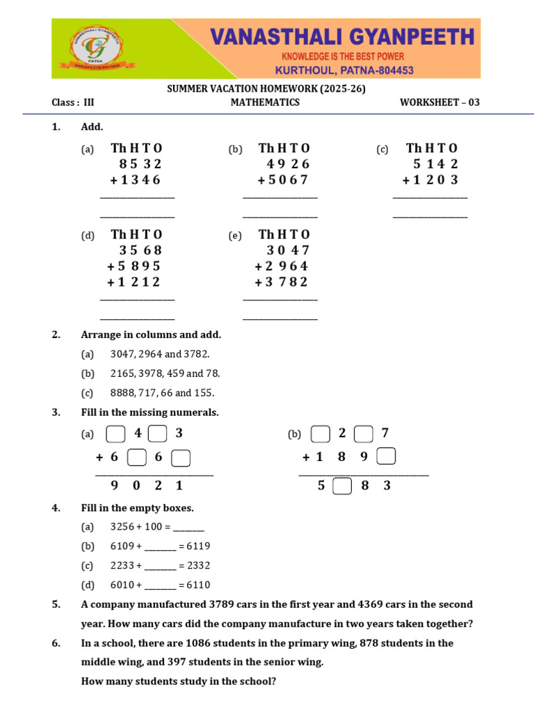 Class III Mathematics Worksheet 2025-26 | PDF