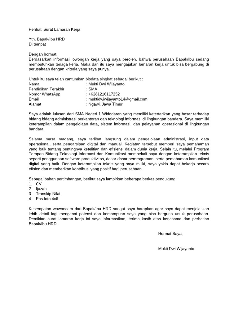Surat Lamaran Mukti Dwi Wijayanto | PDF