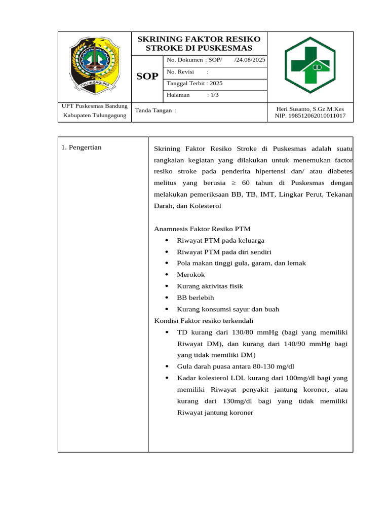 SOP Skrining Resiko Stroke | PDF