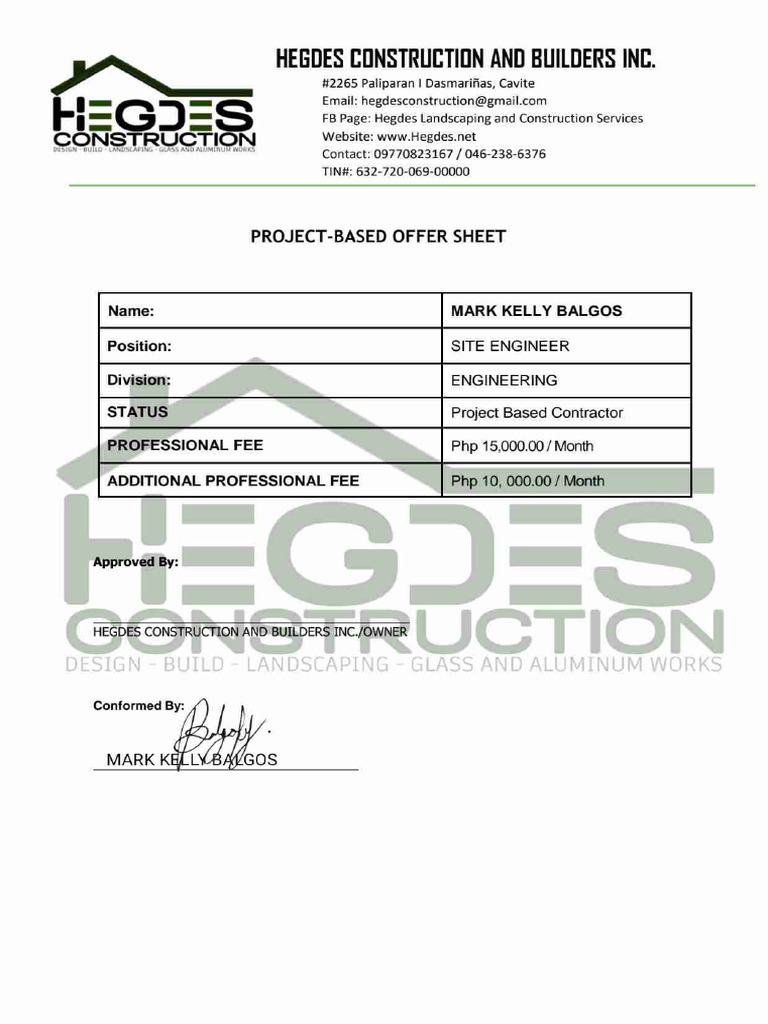 Signed Project-Based Offer Sheet Balgos | PDF
