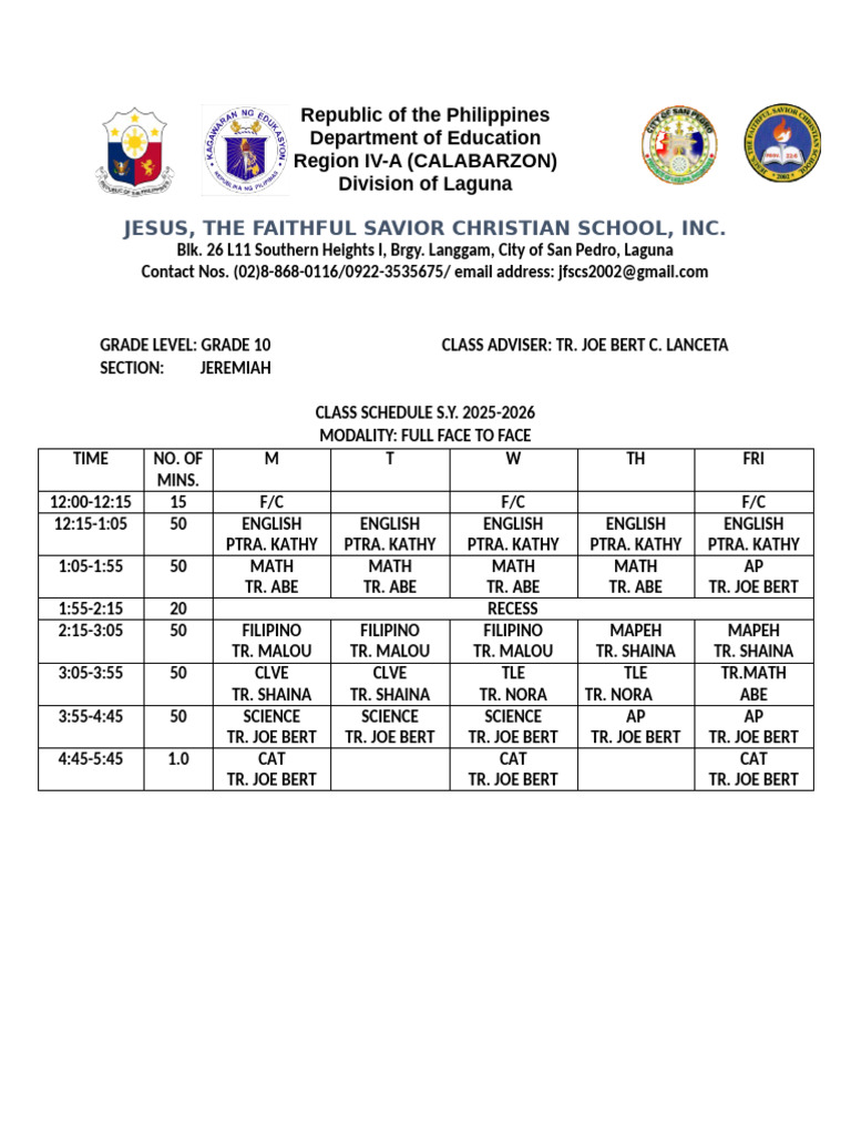 Grade 10 Class Schedule | PDF