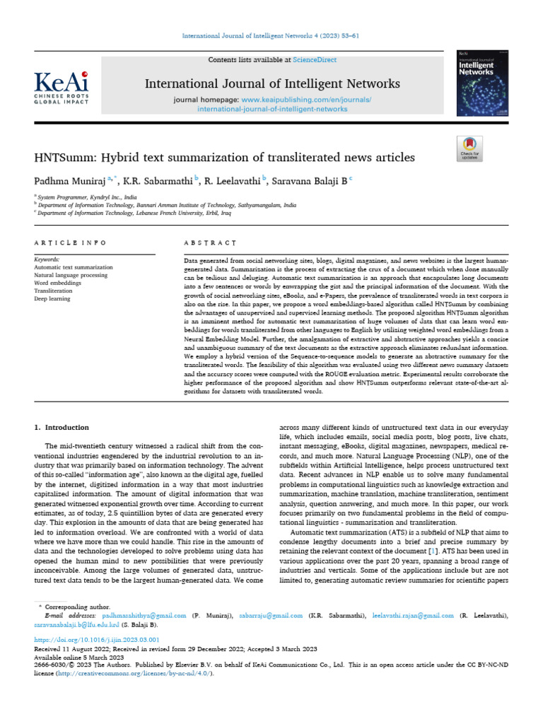Hybrid Text Summarization of Transliterated News Articles | PDF ...