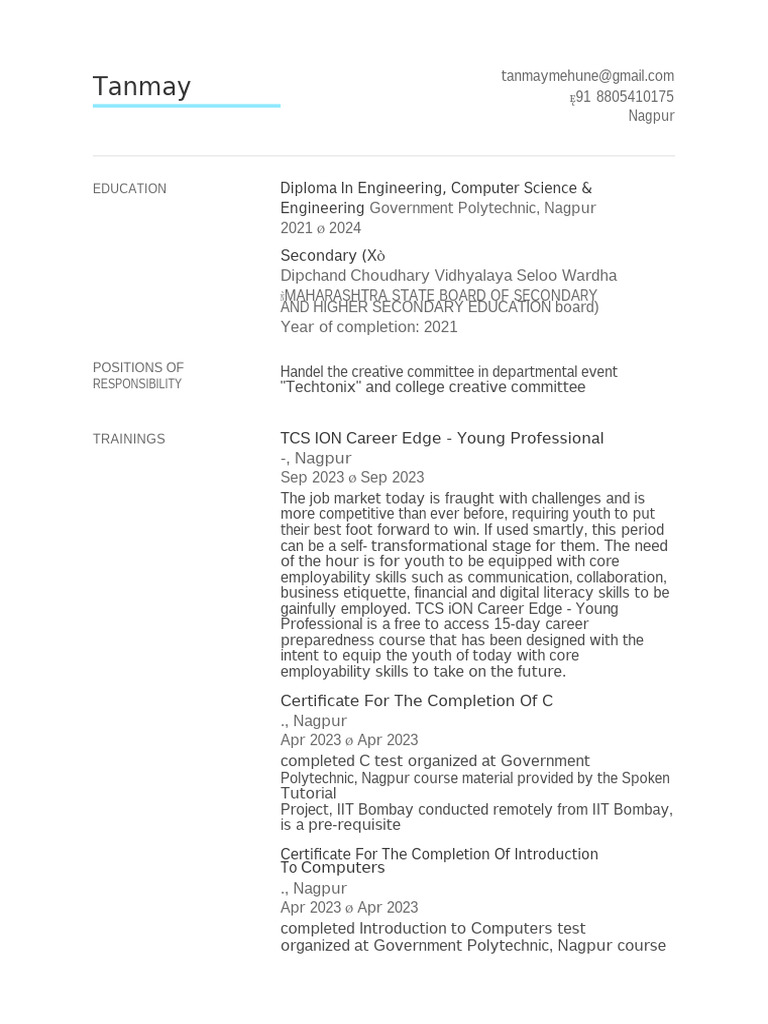 TanmayMehune InternshalaResume | PDF | Php | Computing