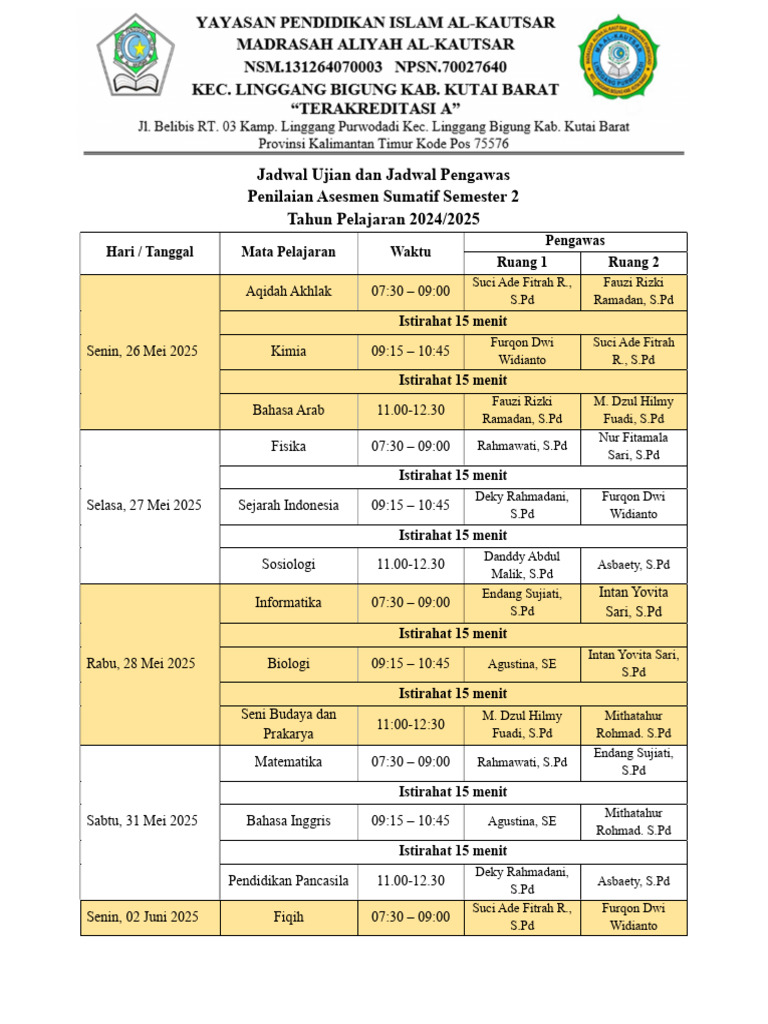 Jadwal Pengawas Dan Ujian | PDF