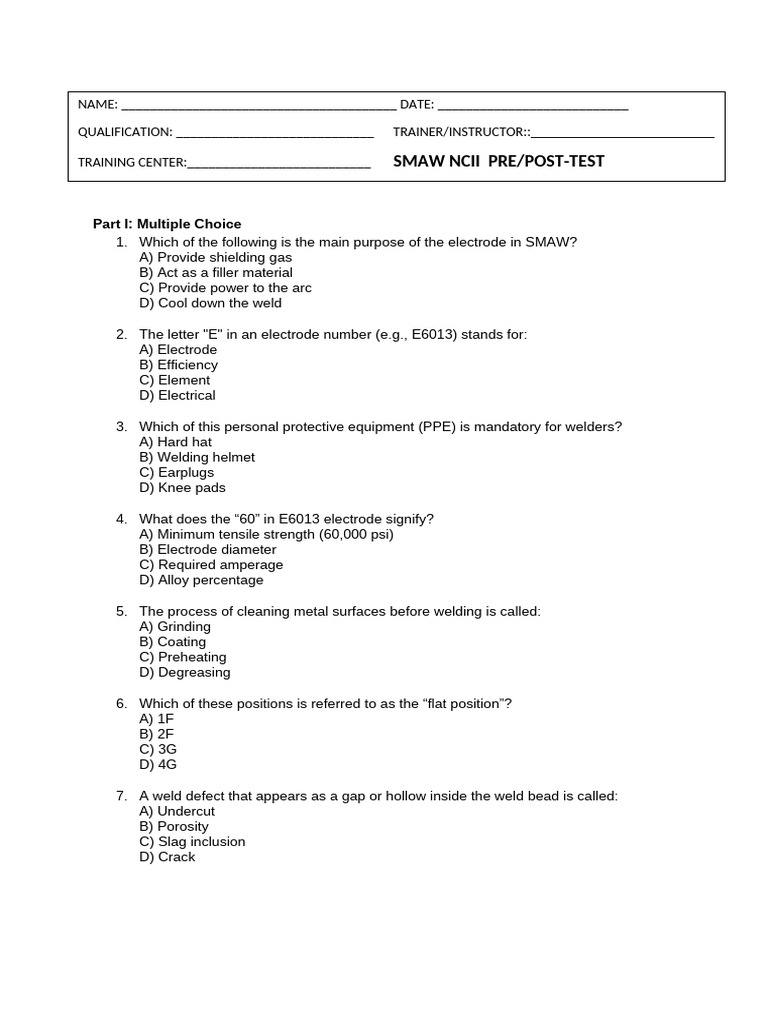 Pre - Post Test Smaw nc2 Part 1 | PDF | Welding | Construction