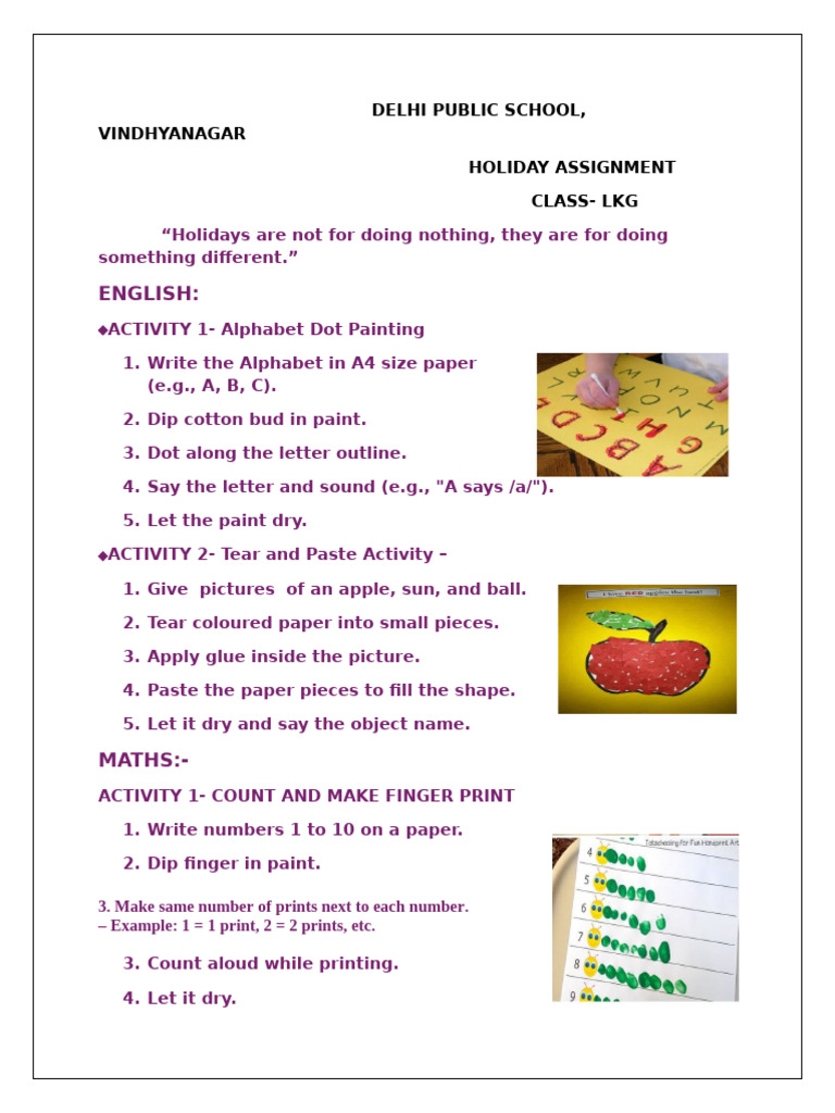 Holiday Assignment For LKG For All Subjects | PDF