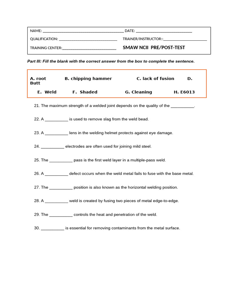 Pre - Post Test SMAW NCII Part 2 | PDF