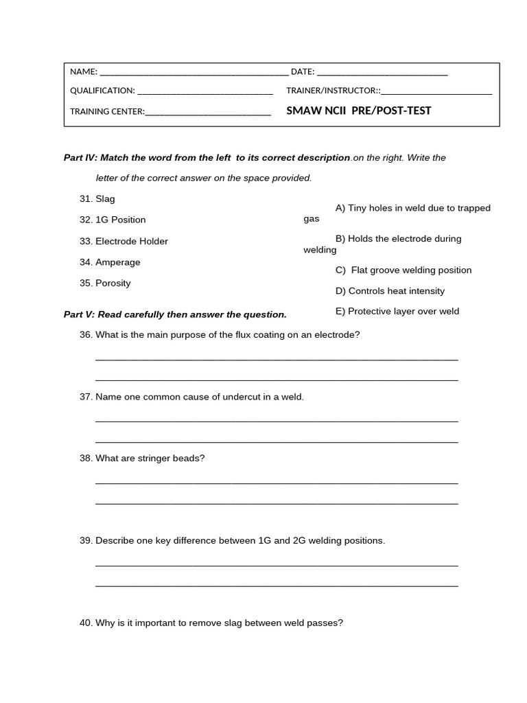 SMAW NCII - Post Test-Pre Test - Part 3 | PDF | Welding | Construction