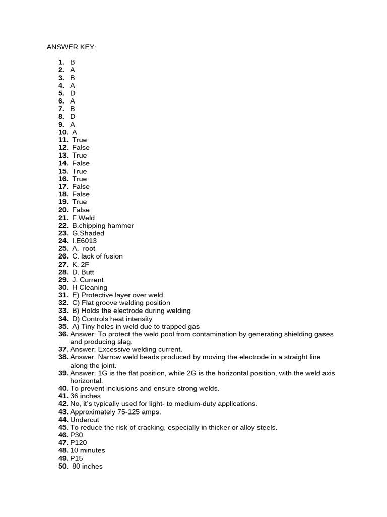 ANSWER KEY Smaw NC II - Pre Test-Post Test | PDF