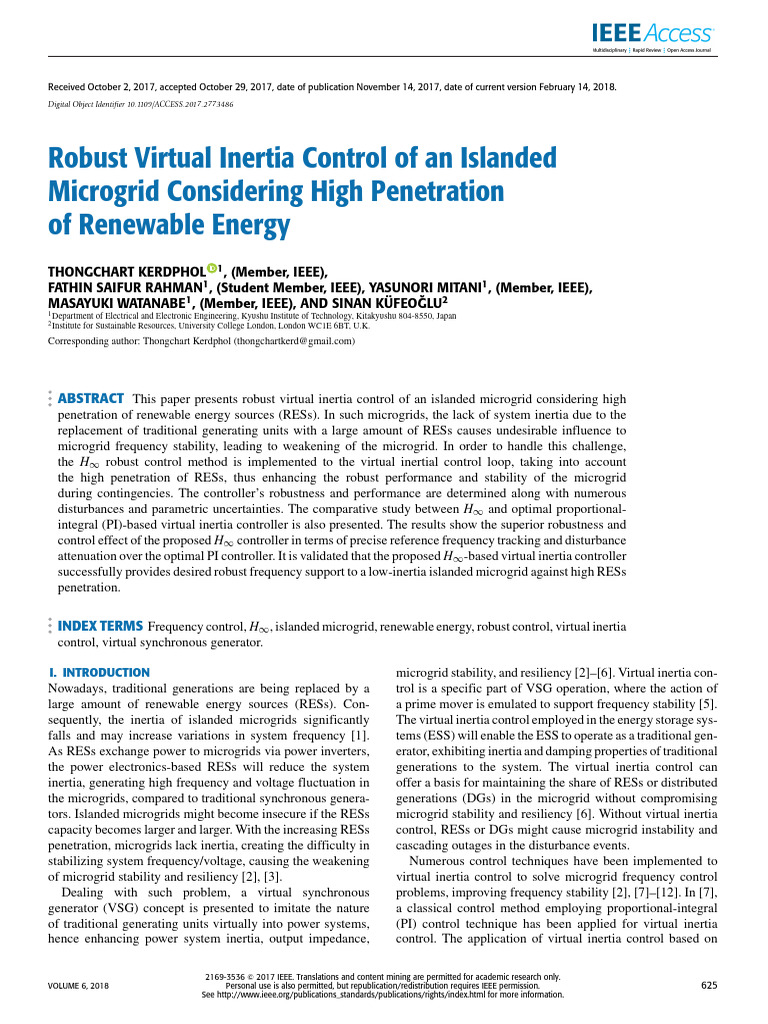 Robust Virtual Inertia Control of An Islanded Microgrid Considering High Penetration of ...