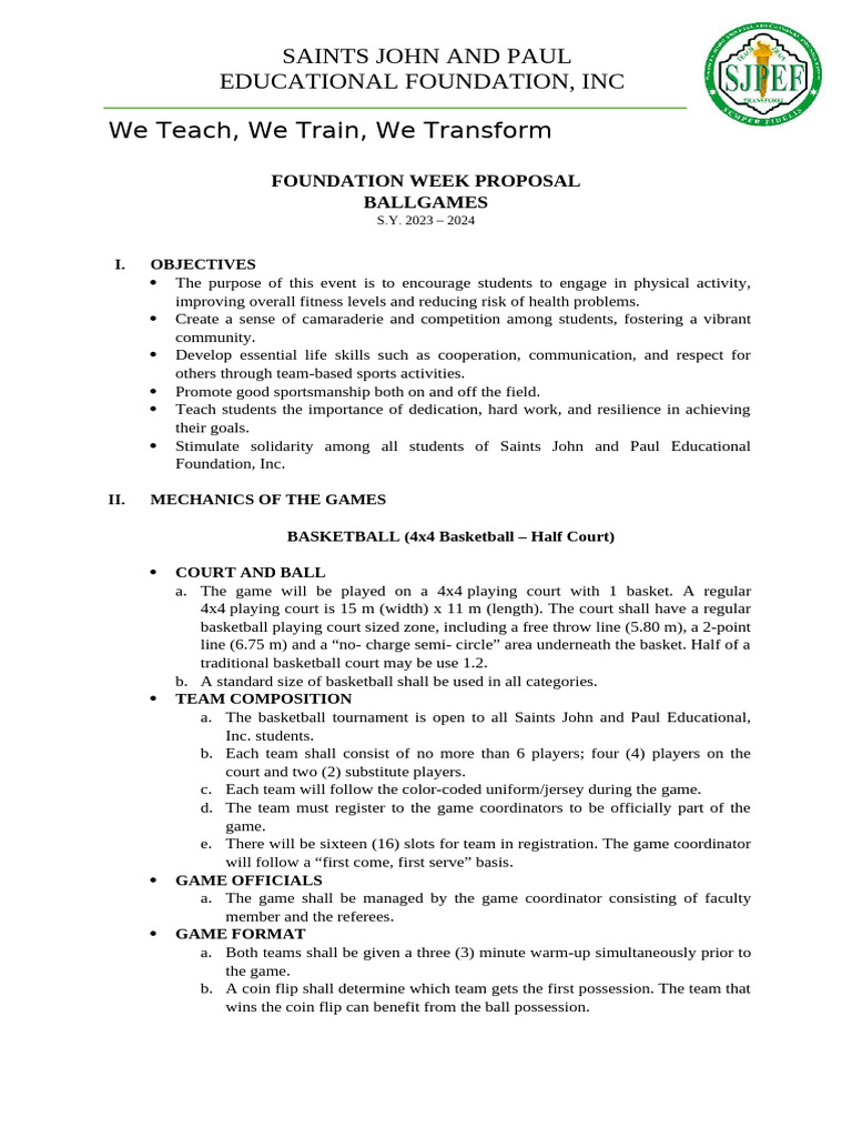 Foundation Week Proposal (Ball Games) | PDF | Volleyball | Sports Rules ...