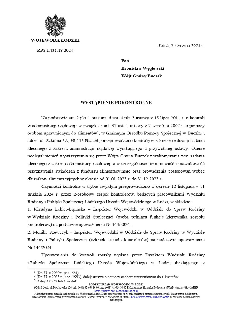 Wystąpienie Pokontrolne - Wójt Gminy Buczek | PDF