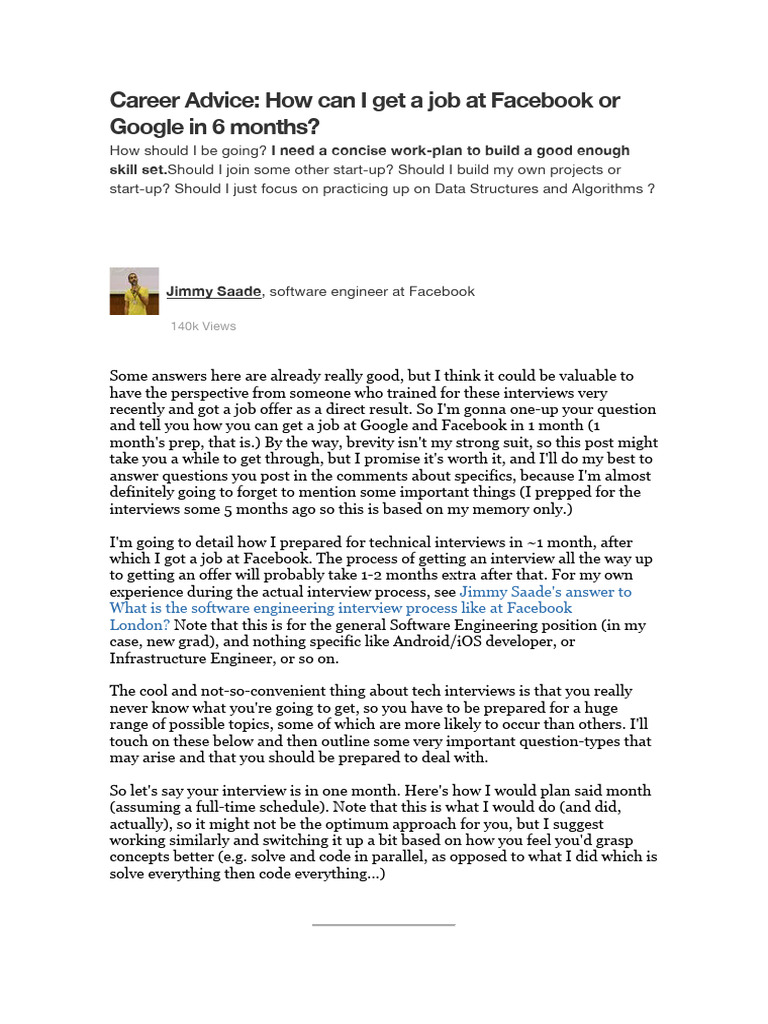 How Can I Get A Job at Facebook or Google in 6 Months | PDF | Software Engineering | Algorithms ...