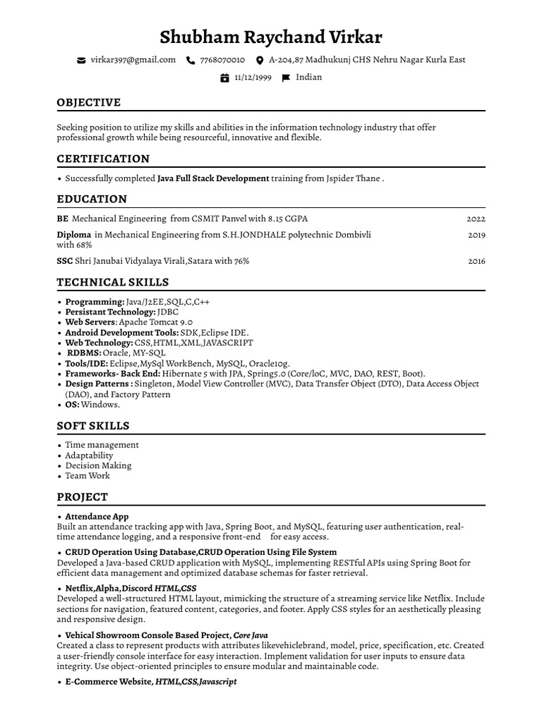 Shubham Virkar CV | PDF | Java (Programming Language) | Sql