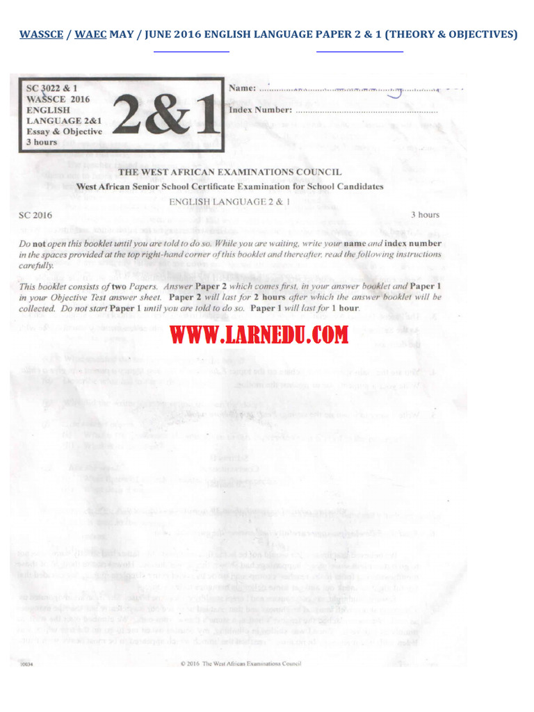 Wassce Waec May June 2016 English Language Paper 2 1 Theory Objectives | PDF