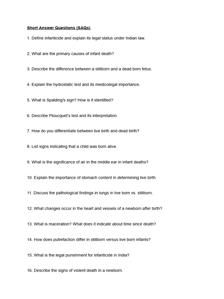 Short Answer Questions (SAQs) | PDF | Fetus | Infants