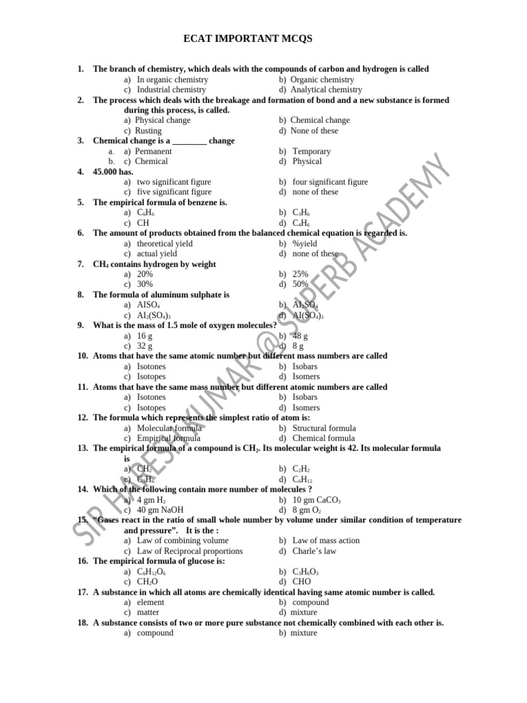 Important Mcqs Chemistry Part 1 | PDF | Gases | Reaction Rate