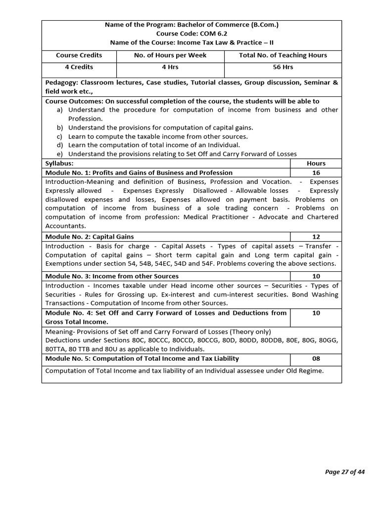 Income Tax Law & Practice II Syllabus | PDF | Capital Gains Tax | Expense