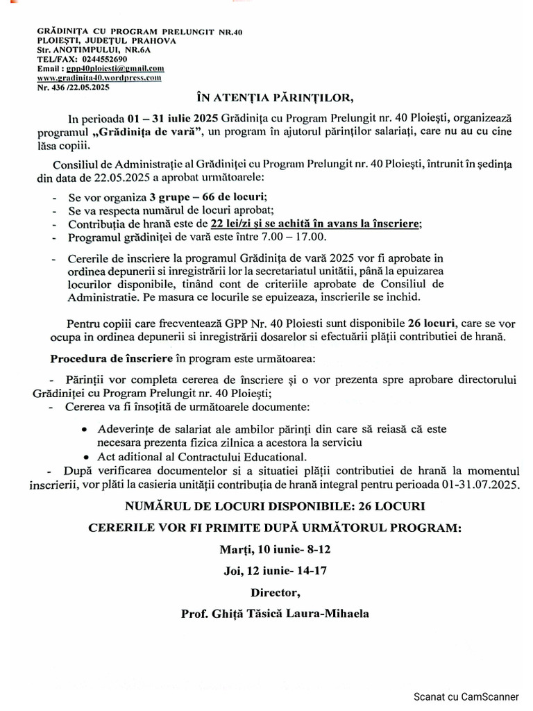 Anunt Grădinița de Vară | PDF