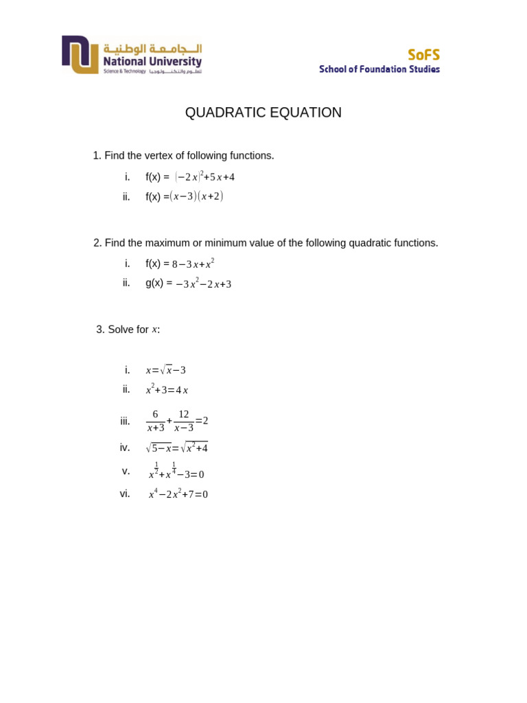 Worksheet - Quadratic Equation | PDF
