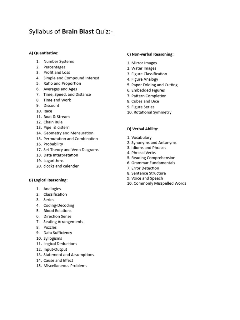 Brain Blast Quiz Syllabus Overview | PDF
