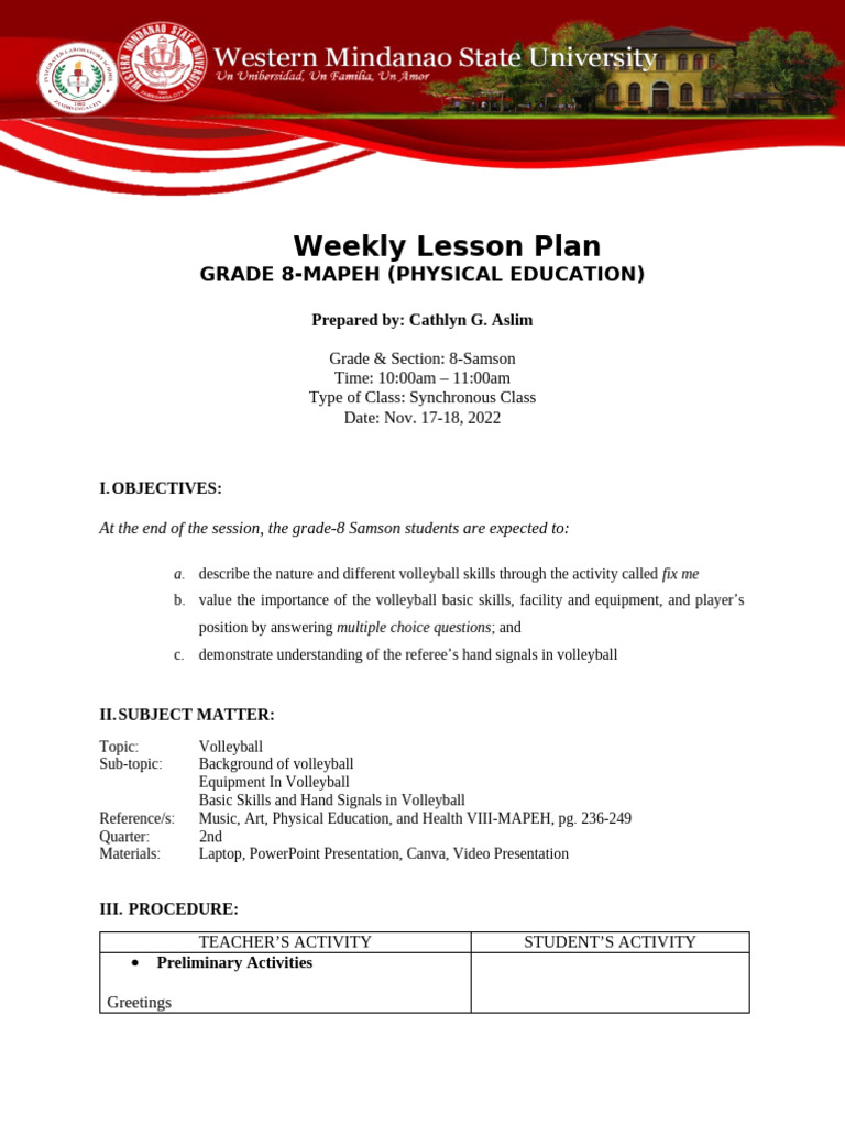 Volleyball Lesson Plan Aslim | PDF | Volleyball | Team Sports