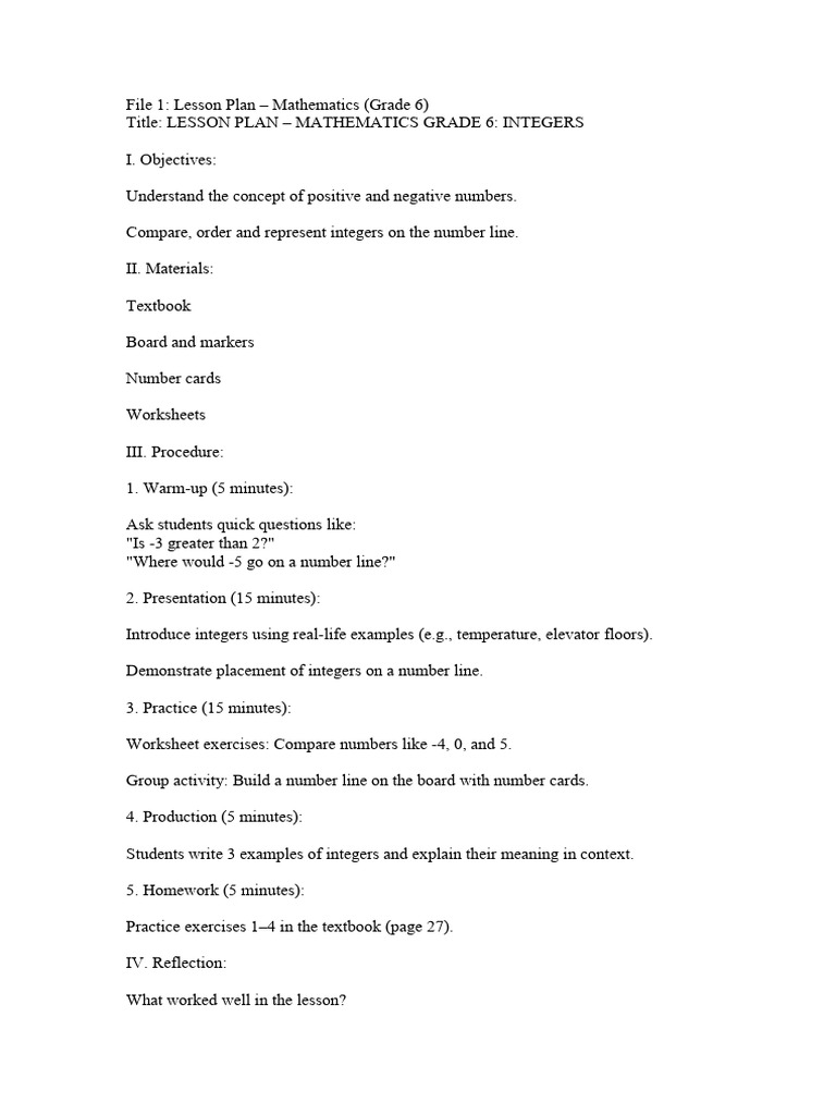 Lesson Plan - Mathematics Grade 6 | PDF