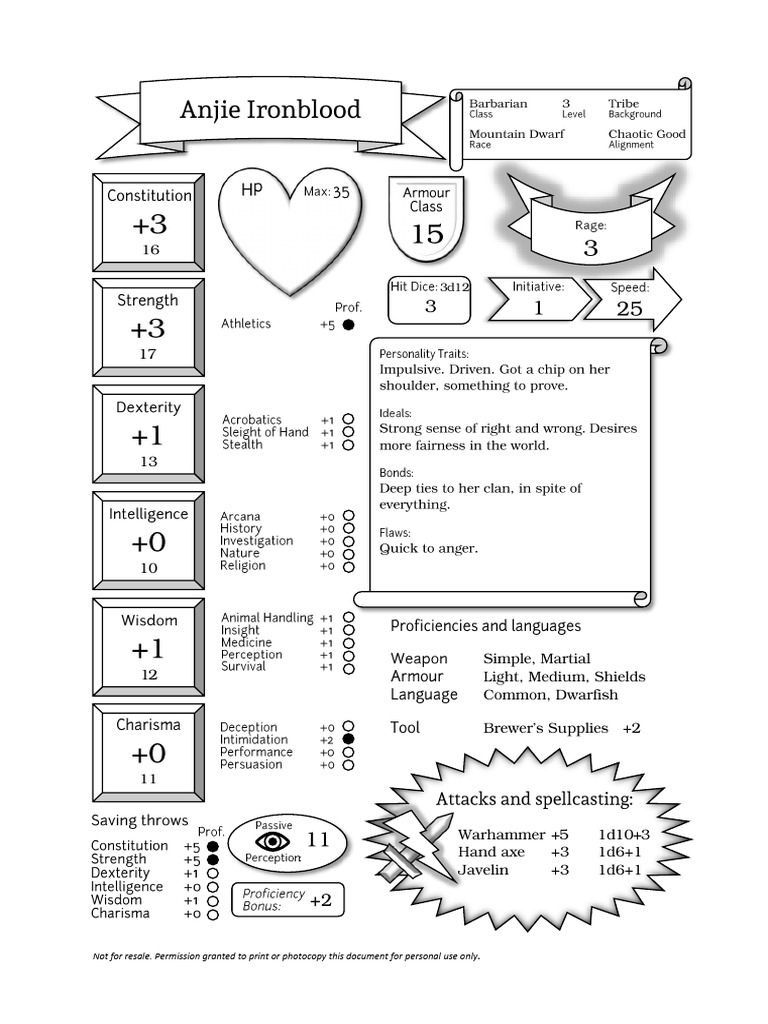 Anjie The Dwarf Barbarian (Pregenerated Character Sheet For D&D 5e) | PDF
