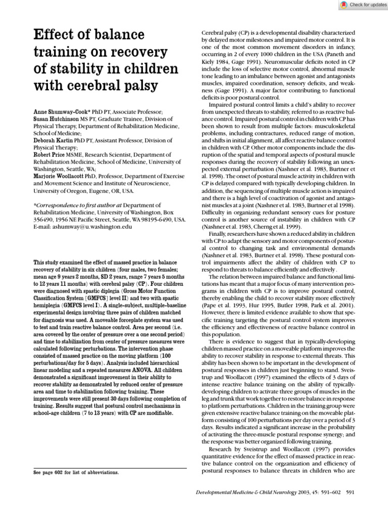 Develop Med Child Neuro - 2007 - Shumway Cook - Effect of Balance ...