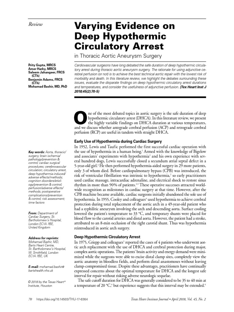 Deep Hypothermic Circulatory Arrest in Thoracic Aortic Aneurysm Surgery ...