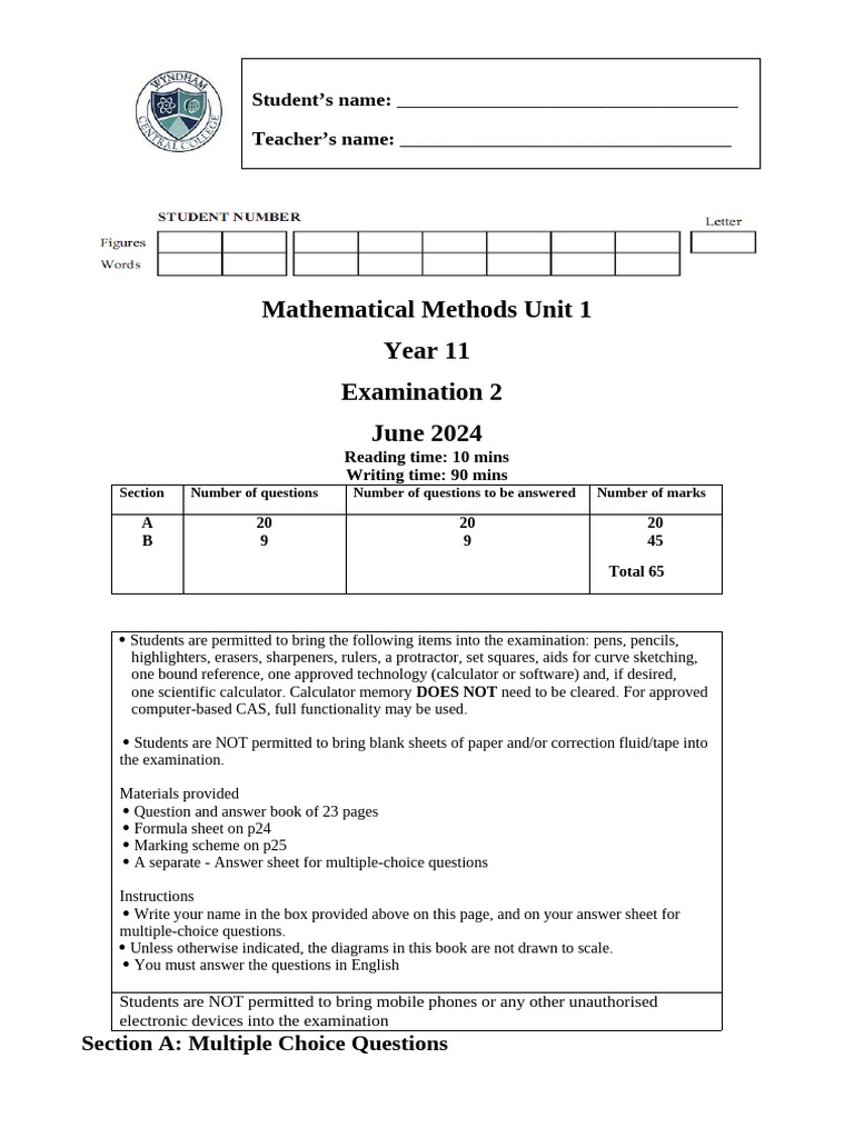 2024 - MMethods Exam 2 Unit 1 | PDF | Multiple Choice | Function (Mathematics)